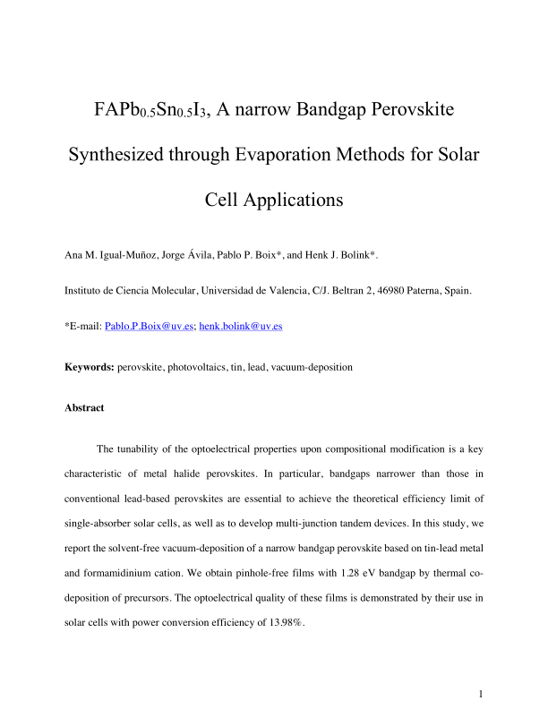 FAPb0.5Sn0.5I3: A Narrow Bandgap Perovskite Synthesized through ...