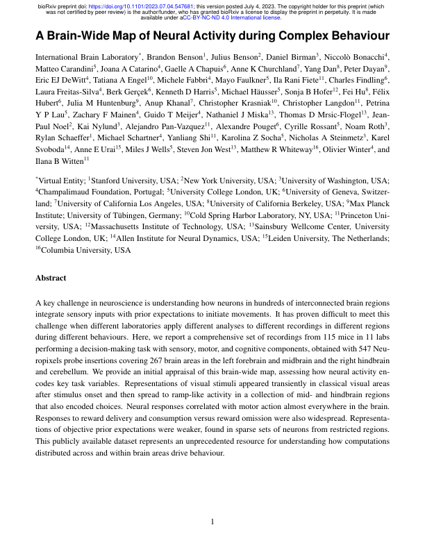 A Brain-Wide Map of Neural Activity during Complex Behaviour