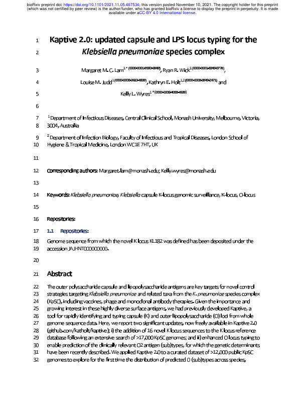 Kaptive 2.0: updated capsule and LPS locus typing for the Klebsiella ...