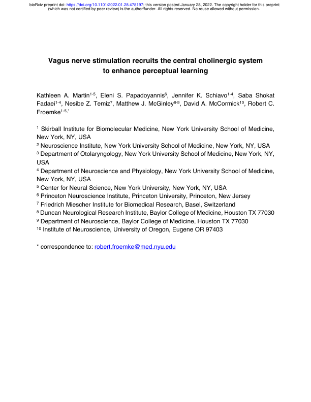 Vagus nerve stimulation recruits the central cholinergic system to enhance perceptual learning