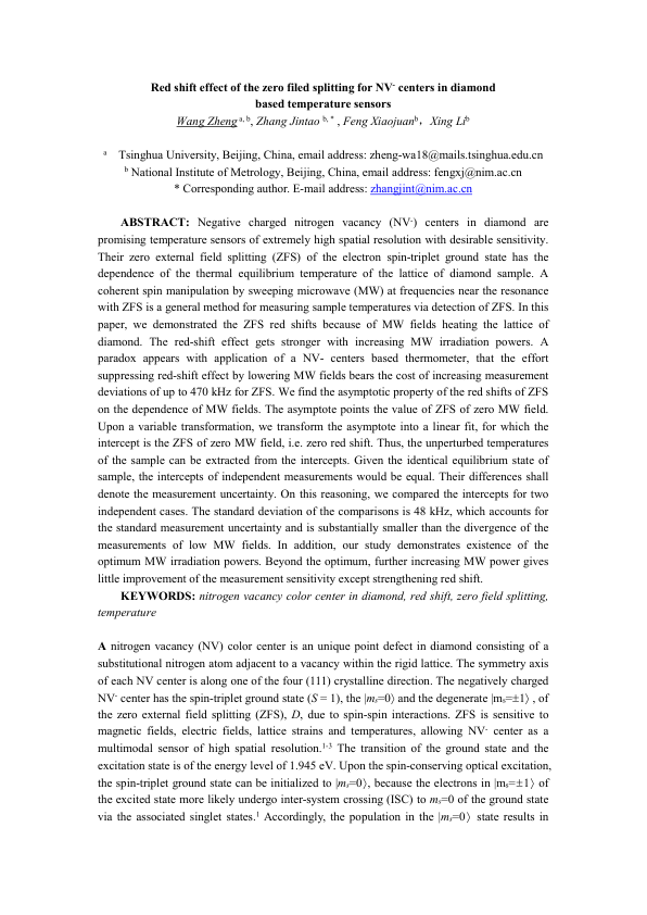 Red shift effect of the zero filed splitting for NV- centers in diamond ...