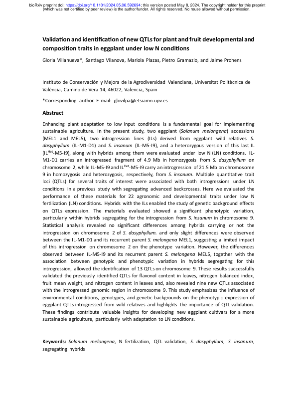 Validation and identification of new QTLs for plant and fruit developmental and composition ...
